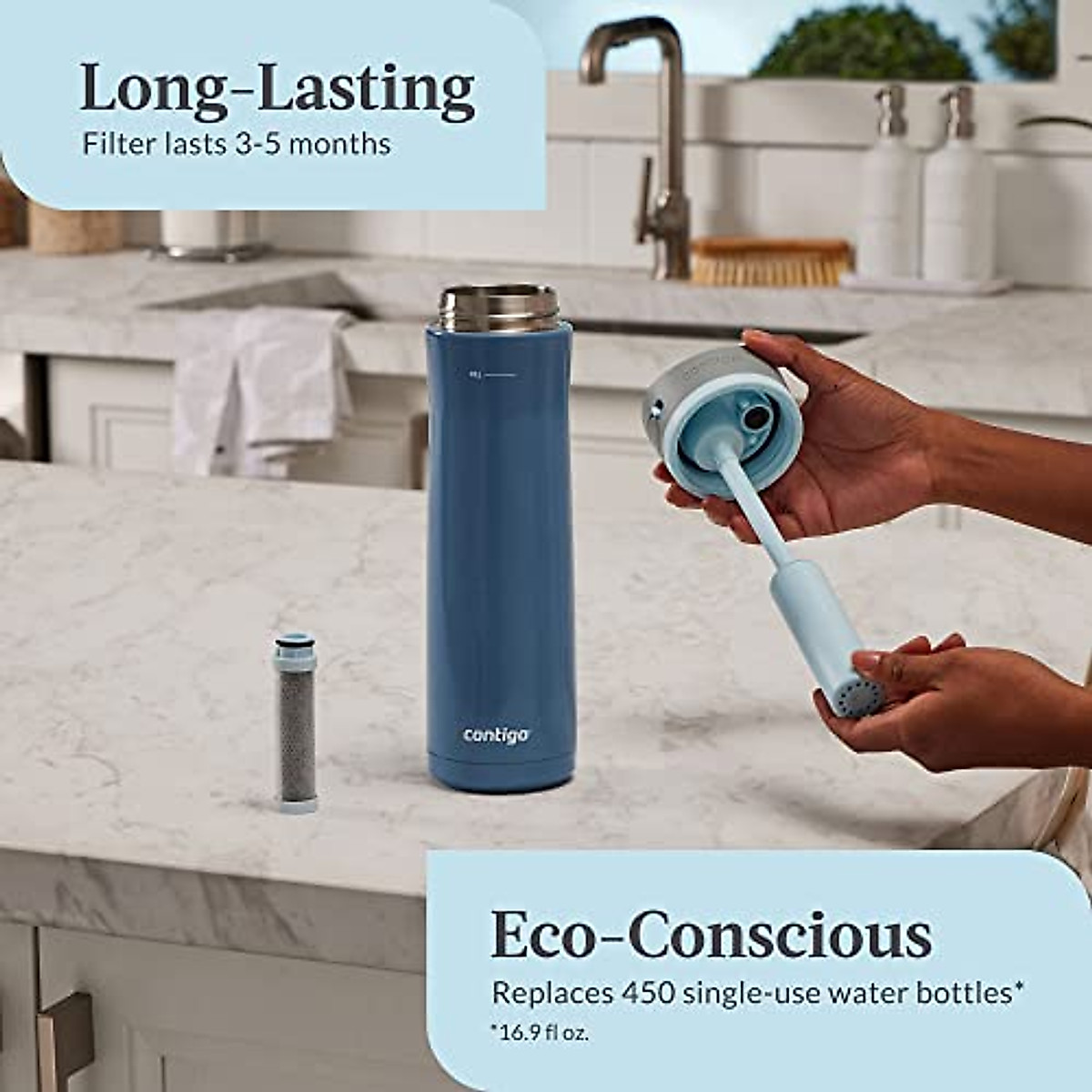 Contigo Wells Chill Stainless Steel Filter Water Bottle with Leak-Proof Straw Lid and Replacement Filter