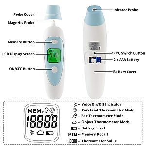 Infrared Thermometer Forehead Ear Non Contact Digital for Adults Kids Babies Fever Indicator Accurate Fast Readings Memory Function (Battery Included)