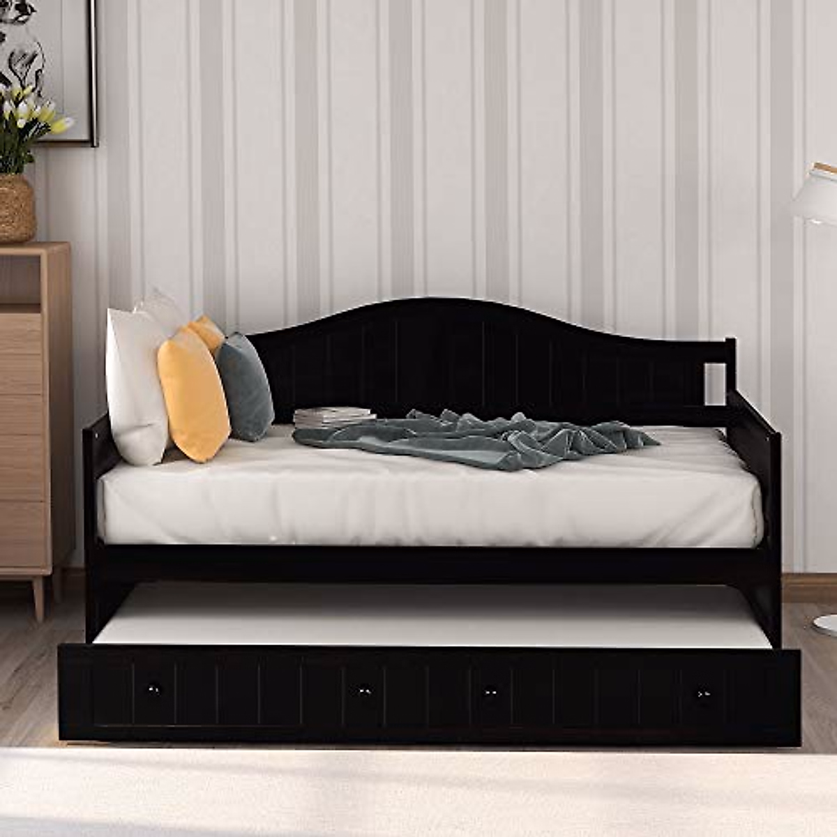 Merax Classic Wood Daybed with Trundle Twin to King Day Bed Frame No Box Spring Needed