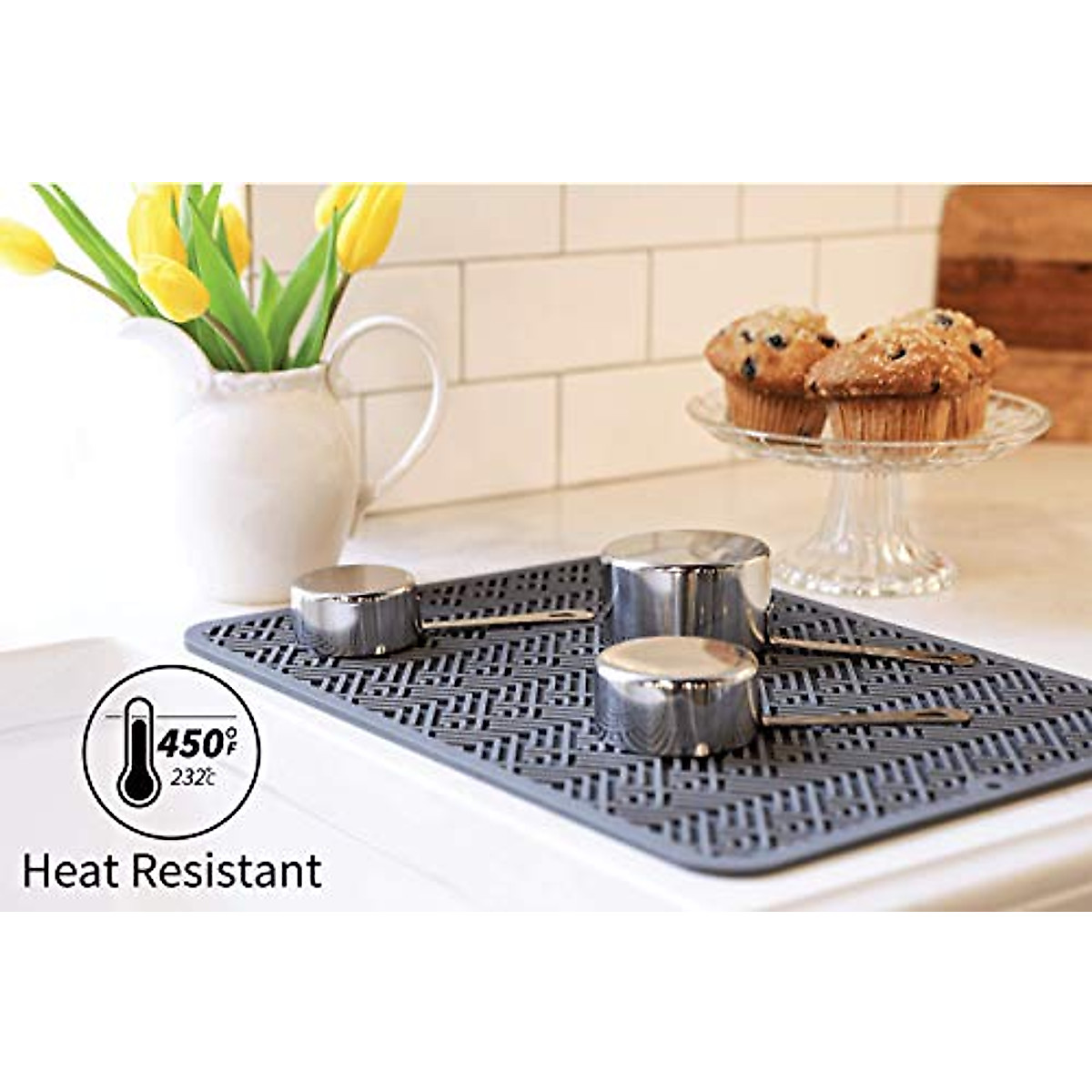 S&T INC. Silicone Dish Drying Mat or Trivet for Kitchen Durable, Heavy Duty, Non-Slip, Dishwasher Safe and Heat Resistant, 12 Inch x 15.8 Inch, Grey