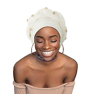 Woeoe Women African Turban Pre-Tied Twisted Beanie Cap Headwear Rhinestone Soft Stretchy Head Turbans (White)