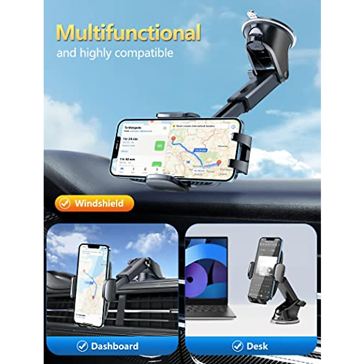 Phone Mount for Car [Strong Suction] Phone Holder Mount Hands-Free Universal Cell Phone Mounts for Dashboard/Windshield, 360° Rotation Extendable Mobile Car Holder for iPhone/Samsung/Oneplus