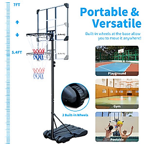 aokung Portable Basketball Hoop Stand w/Wheels for Kids Youth Adjustable Height 5.4ft - 7ft Use for Indoor Outdoor and Poor Basketball Goals Play Set