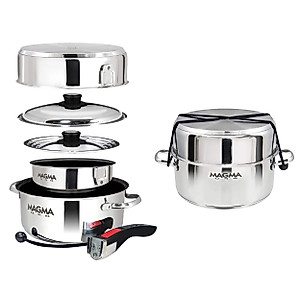 Magma Products, A10-363-2-IND, Gourmet Nesting 7-Piece Stainless Steel Induction Cookware Set with Ceramica Non-Stick, Silver