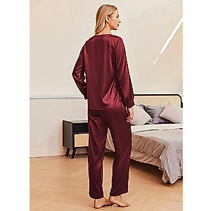 Ekouaer Pajamas for Women Set Satin Pajama Set Silk Loose Sleepwear Long Sleeve Silky Loungewear Set Red Pj Set Red XL