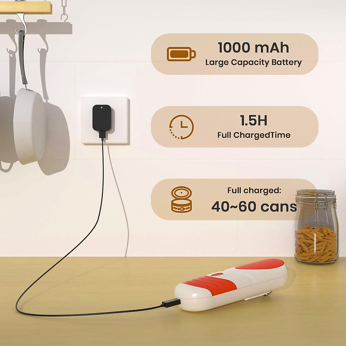 miadore Electric Can Opener for Kitchen,Rechargeable Automatic Can Opener with Removable Tilted Blade,One-Touch Operation, Smooth Edge,Built-In Magnet,Power Warning-Vibrant Orange