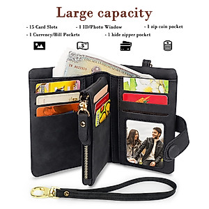 CONISY Small Wallets for Women, Soft Leather Multi Card Holder RFID Blocking Womens Wallet with Wristlet Zipper Coin Pocket (Black)