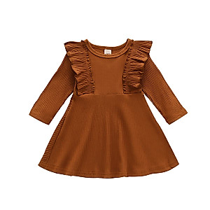 Toddler Baby Girl Ribbed Dress Ruffle Solid Round Neck Long Sleeve Cotton Sundress Kids Casual Spring Fall Dresses(Brown, 2-3T(100))