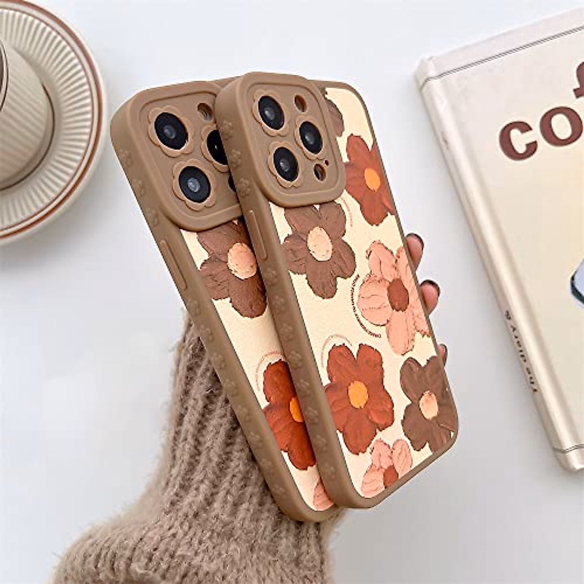 Cute Flower Camera Lens Phone Case for iPhone 14 Pro Cover Lovely Floral Side Frame Design Silicone Protective Cases for Apple 14 Pro - Brown