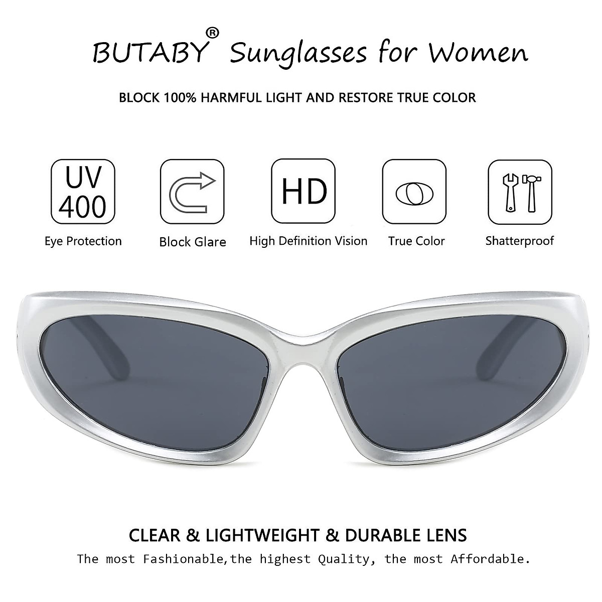 BUTABY Wrap Around Fashion Sunglasses for Women Men Oval Dark Futuristic Sun Glasses Outdoor Sport Shades UV400 Protection Black & Silver Grey