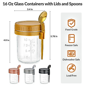 DRKIO 4 Pack Overnight Oats Containers with Lids and Spoons 16 Oz Glass Mason Jars for Overnight Oats Jars Leak Proof Oatmeal Container Great for Cereal Fruit Vegetable Milk Salad Yogurt Meal Prep