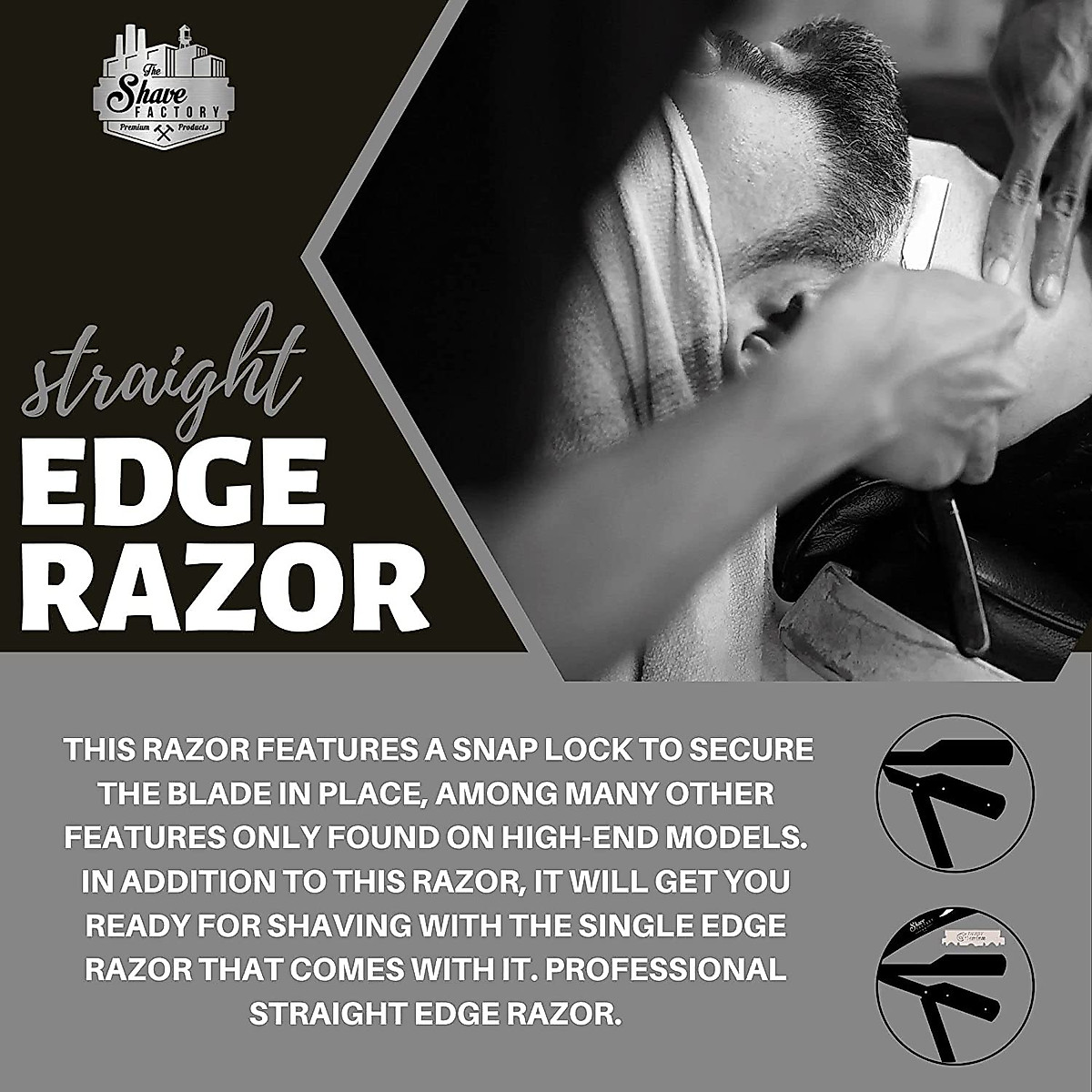 The Shave Factory Straight Edge Razor Kit (Black/Barber No1 Cologne 50ml / 100 Derby Premium Single Edge Razor Blades)