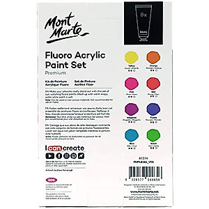 Mont Marte Fluoro Acrylic Paint Set, 8 x 1.02oz (36ml) Tubes, 8 Colors, Suitable for Most Surfaces Including Canvas, Card, Paper and Wood