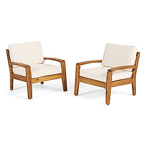 Christopher Knight Home Outdoor Acacia Wood Club Chairs with Cushions (Set of 2), Teak and Beige