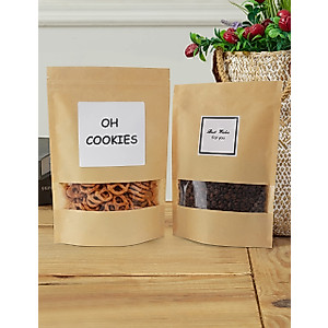 FireKylin 100 Pcs Kraft Paper Bags with Window, 6.3" x 8.6" Stand Up Pouches Bags, Zip Lock Food Storage Bags for Packaging Products, Reusable, Sealable