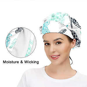 Womens Working Cap with Cotton Sweatband Adjustable Elastic Bouffant Hat Tie Back Work Hats for Women Men One Size Working Cap Head Hair Covers Boho Sea Turtle Tortoise (3)