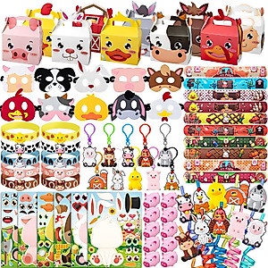 DMIGHT Farm Animals Birthday Party Favors Set 82 PCS Barnyard Animal Masks Sticker Keychains Straw Slap wristbands Rubber Pigs Gift for Kids Birthday Party Baby Shower Goodie Bag Filles Supplies