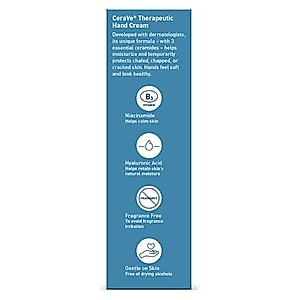 CeraVe Therapeutic Hand Cream for Dry Cracked Hands With Hyaluronic Acid and Niacinamide | Fragrance Free 3 Ounce