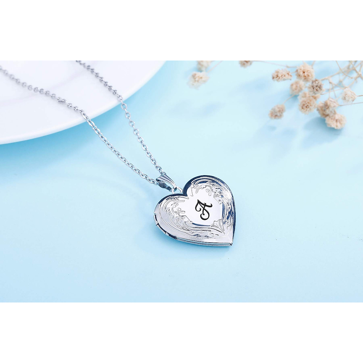 YOUFENG Locket Necklace that Holds Pictures Initial Alphabet A-Z Letter Pendant Necklace Platinum Plated Gifts for Women