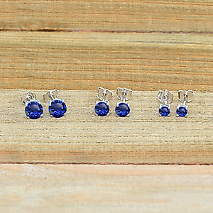 Blue Earrings for Women Sterling Silver Studs Synthetic Spinel Gemstone Sapphire Earring Jewelry Set for Bridesmaids Fashion Trendy Gift, 3mm 4mm 5mm, 3-Pairs