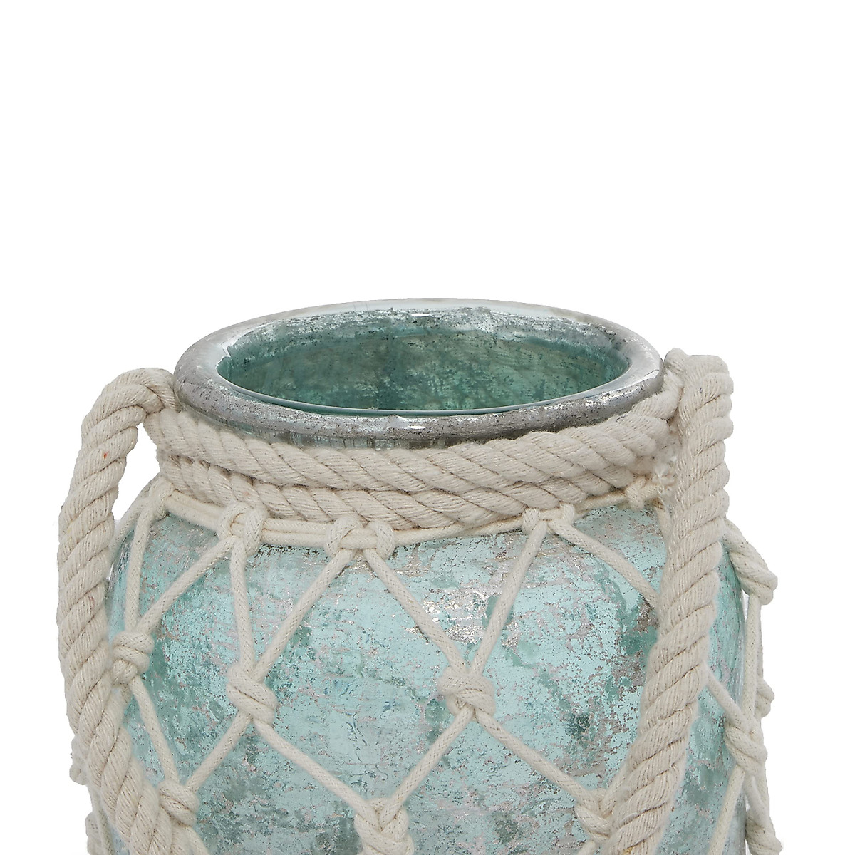 Deco 79 Glass Indoor Outdoor Candle Lantern Decorative Lantern Candle Holder with Rope Handle, Lantern 7" x 7" x 15", Blue