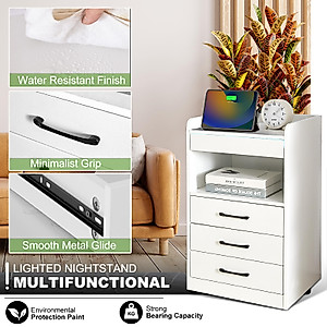 LED Nightstand with Charging Station,Bedside Table with 4 Drawers Smart Night Stand Bedroom End Tables Bed Side Table, Modern Wood White Nightstand