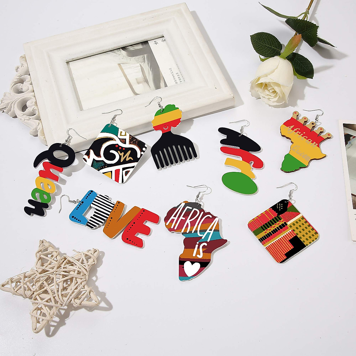 20 Pairs African Earrings for Women Wooden Black Lives Matter Earrings African Map Round Painted Wooden Earrings Statement Ethnic Dangle Earring