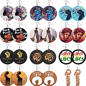 12 Pairs African Map Women Earrings Round Natural Wooden Painted Earrings Ethnic Style Dangle Earring (Letter Queen)