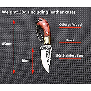 SZHOWORLD Ultra Small Fixed Blade Knife, 1.57 inch 5Cr Stainless Steel Blade with Brass+Colored Wood Handle, Mini Knife/Box Cutter with Leather Sheath for EDC Gift Collection Cutting