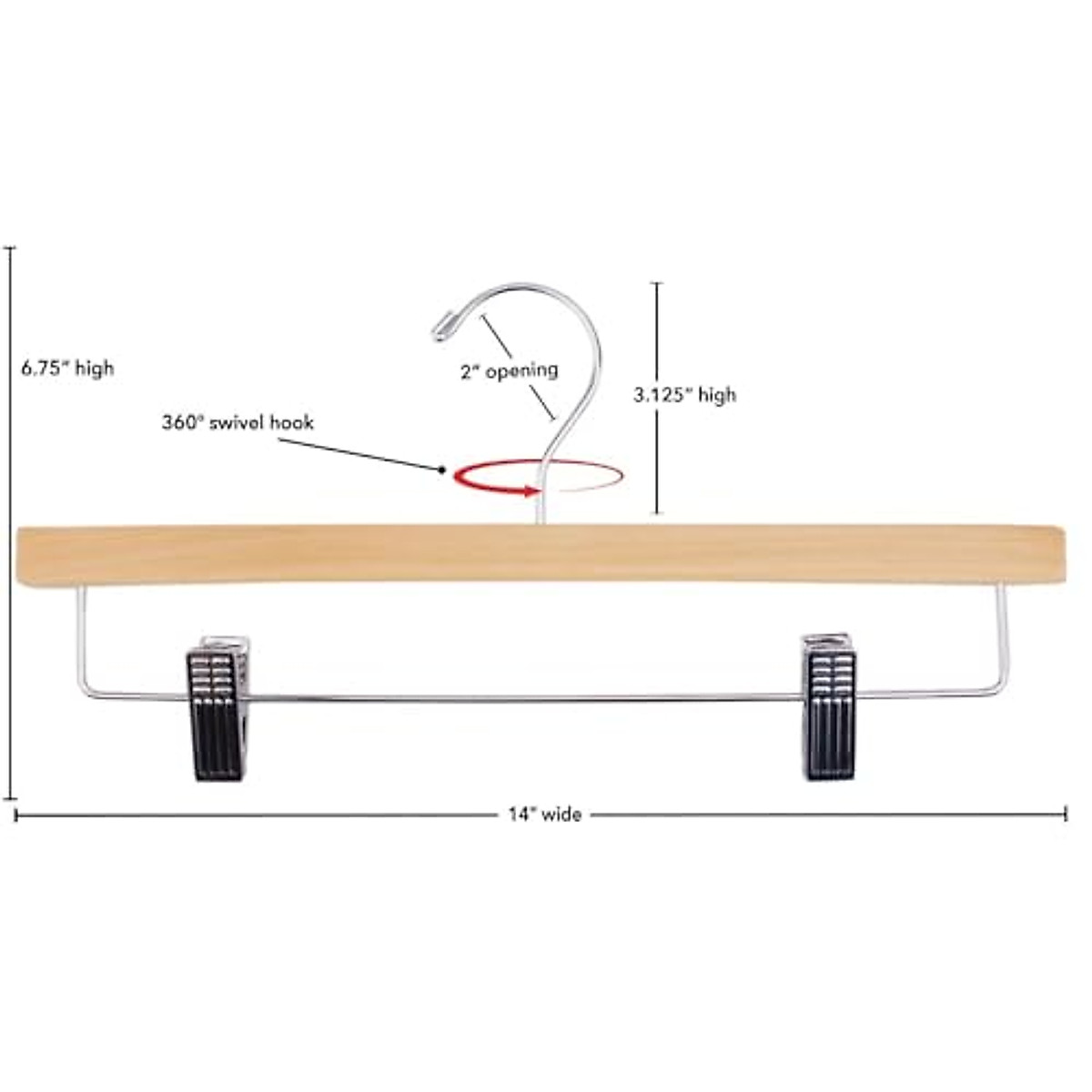 NAHANCO 2214RCCH10 14” Wooden Skirt Slack Hangers with Chrome Hardware Black (Pack of 10)