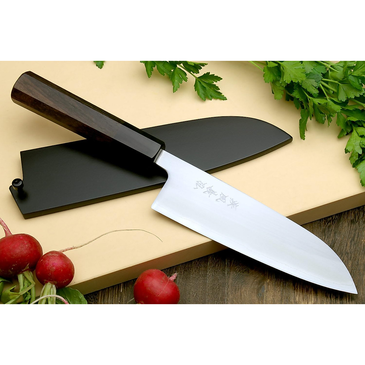 Yoshihiro White Steel #1 Stainless Clad Japanese Santoku Multipurpose Chef Knife with Rosewood Handle (6.5"(165mm) & Saya Cover)