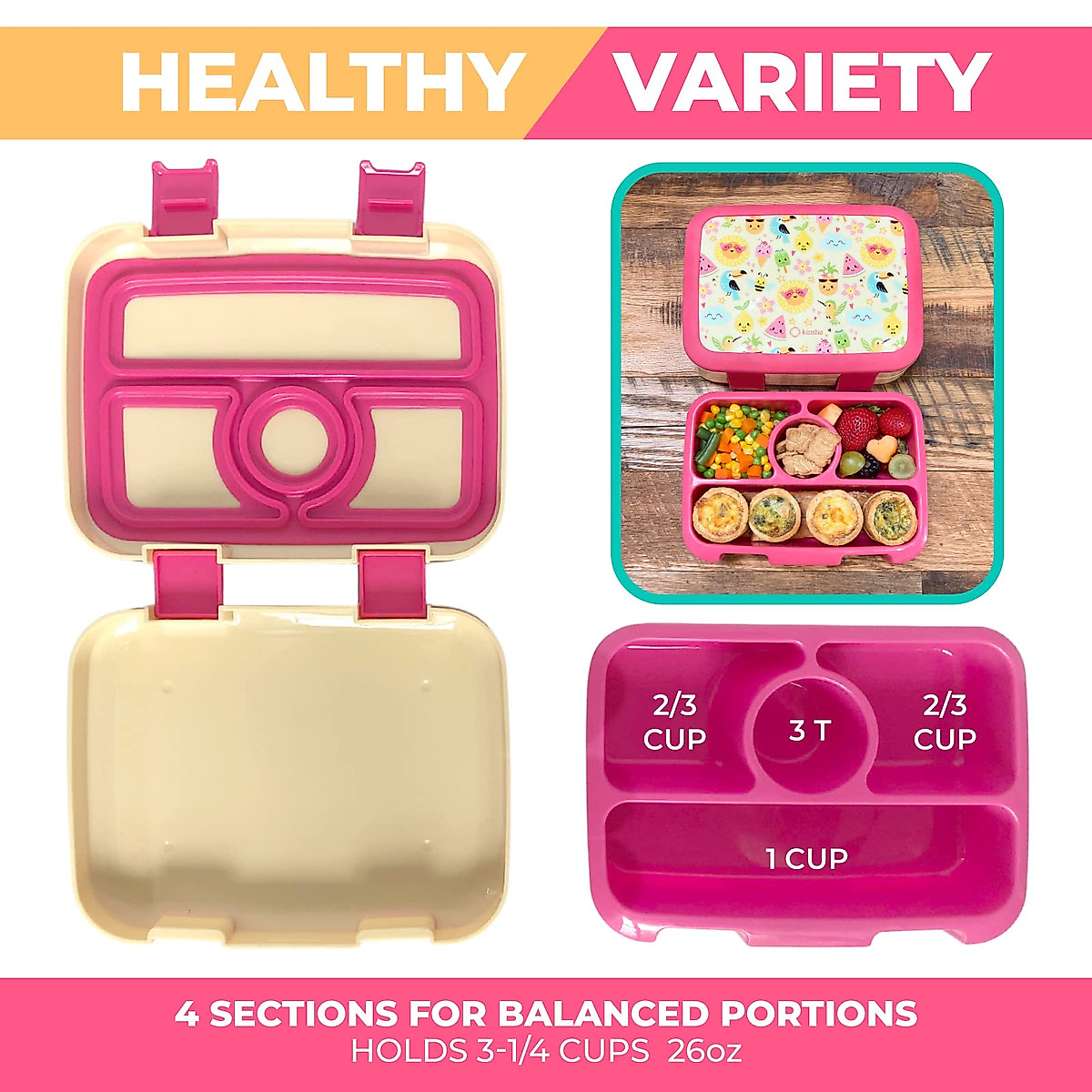kinsho Bento Lunch Box for Kids Toddlers Girls, 4 Portion Sections Secure Lid, Microwave Safe BPA Free Removable Tray, Pre-School Kid Daycare Lunches Snack Container Ages 3 to 5, Cute Summer