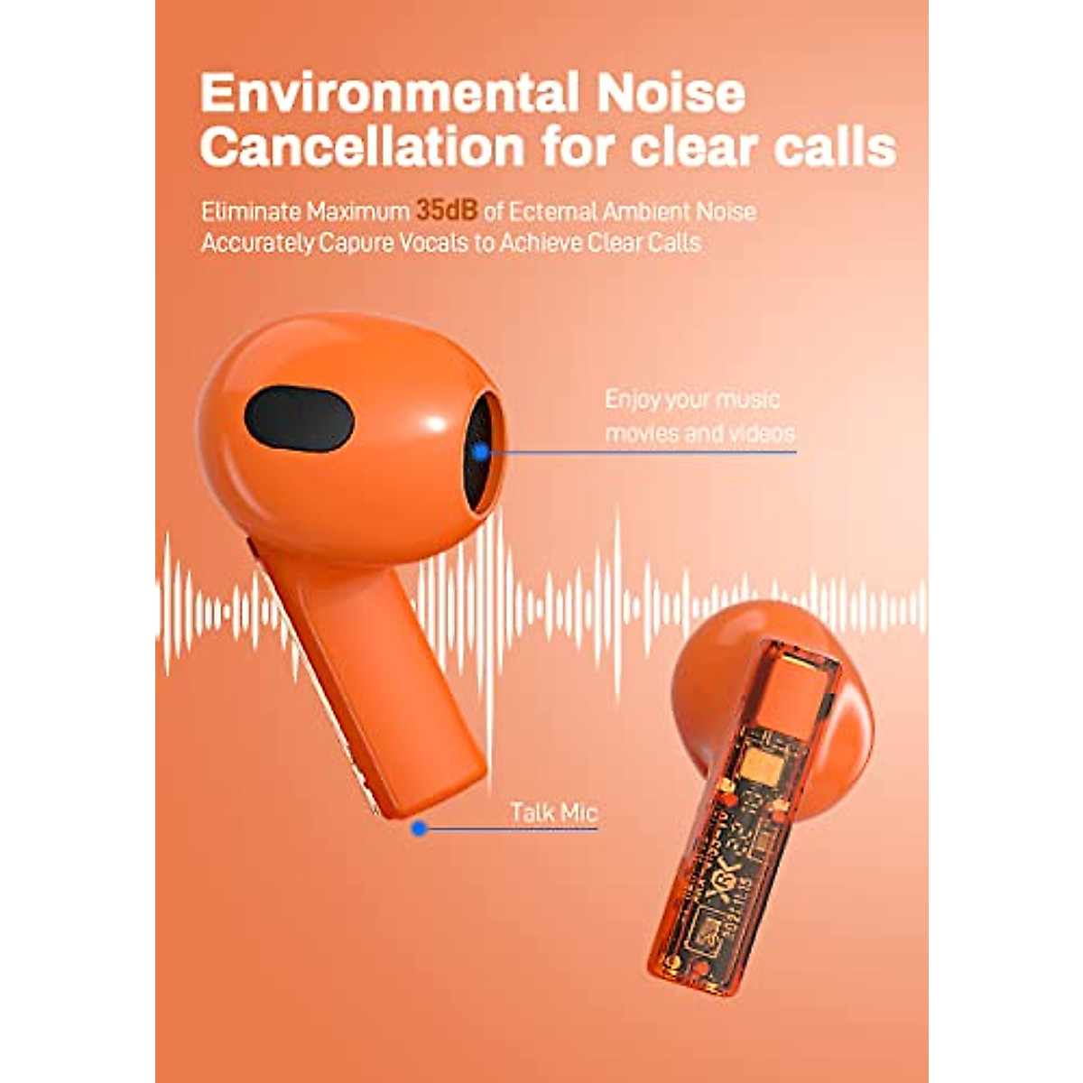 Wireless Earbuds, Bluetooth 5.2 Earbuds 30H Playtime Bluetooth Headphones with Charging Case True Wireless Earbuds with Microphone, Bluetooth Headphones for Sport Working Running Fitness (Orange)