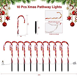 Twinkle Star Christmas Candy Cane Lights, 10 Pcs Christmas Pathway Markers with 60 Count Incandescent Warm White Fairy Lights for Outdoor Holiday Walkway Patio Garden Christmas Decorations
