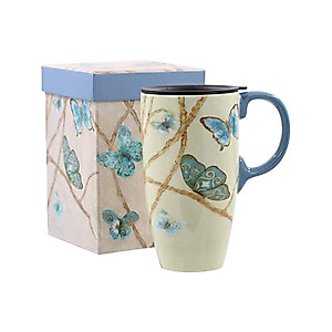 Topadorn Coffee Ceramic Mug Porcelain Latte Tea Cup With Lid 17oz.,Blue