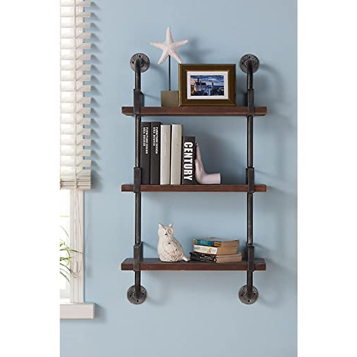 Armen Living Booker 40" Accent Shelf in Walnut Wood Finish with Grey Piping