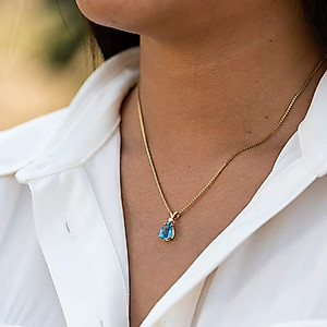 PEORA 14K Yellow Gold Swiss Blue Topaz with Diamond Pendant for Women, Genuine Gemstone Birthstone Elegant Teardrop Solitaire, Pear Shape, 10x7mm, 2.30 Carats total