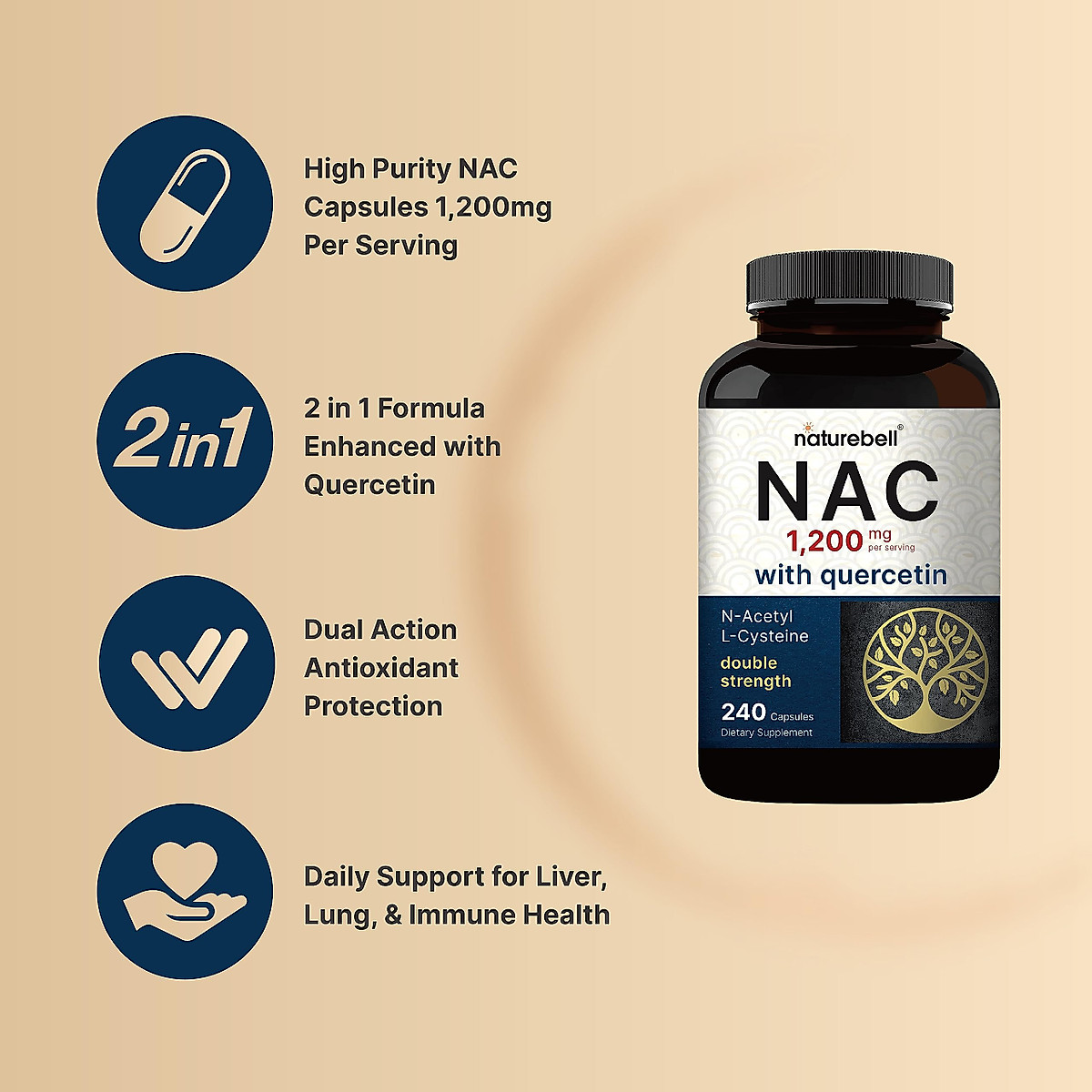 NAC Supplement 1200mg Per Serving | 240 Capsules, N-Acetyl Cysteine with Quercetin | Double Strength - Support for Immune, Liver, & Lung Health