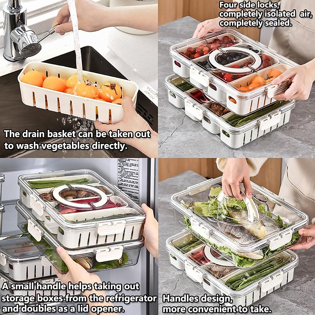 NEEMAY Refrigerator Organizer Box, Food Storage Container Fruit Storage Container for Fridge with 2 Drain Basket in One Container, Stackable Vegetable Strainers Box with Lid 1 Box/Set of White