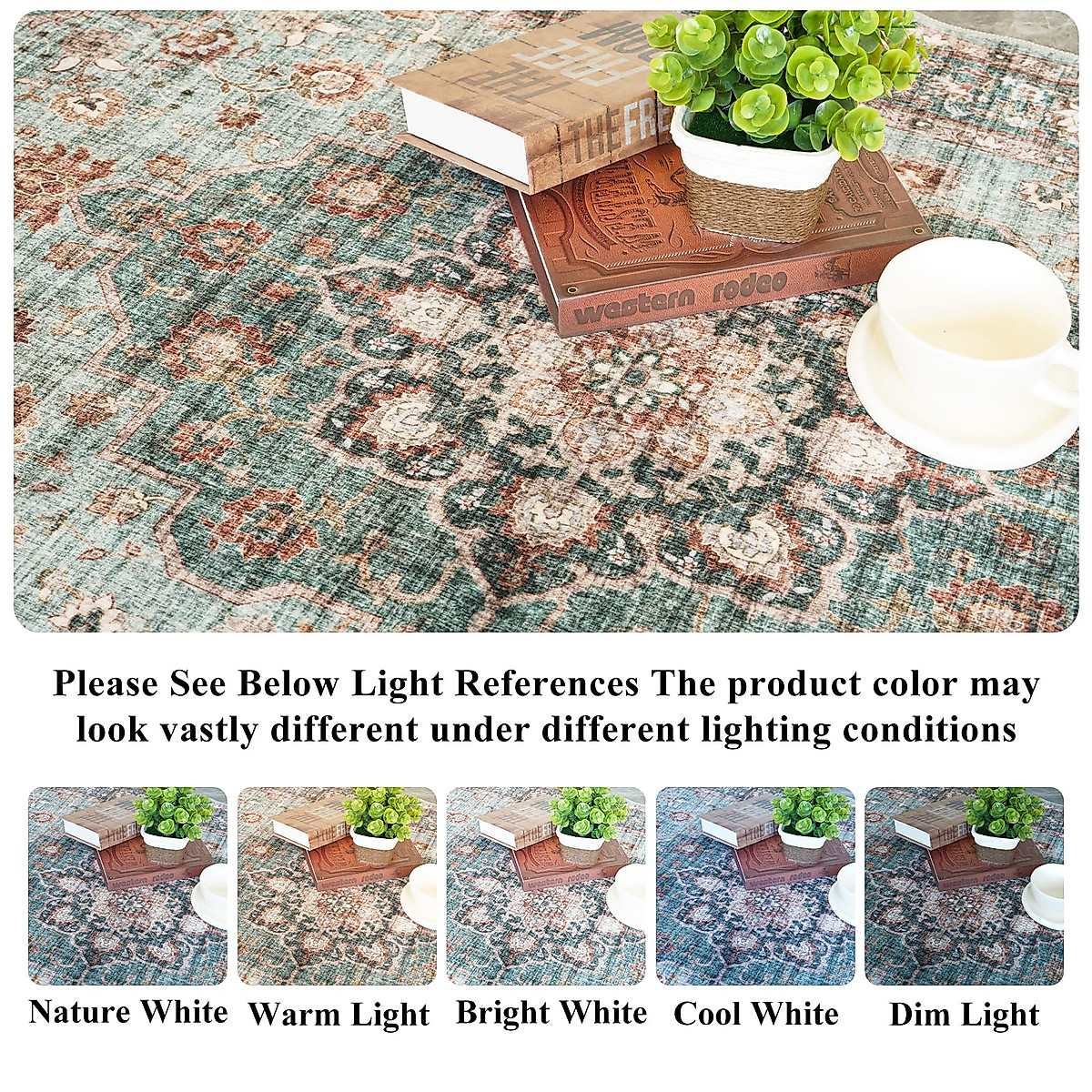 TOPRUUG Washable Oriental Area Rug - 9x12 Rugs for Living Room Soft Carpet for Bedroom Waterproof Floral Distressed Indoor Stain Resistant Non-Shedding Floor Carpets (Green, 9x12)