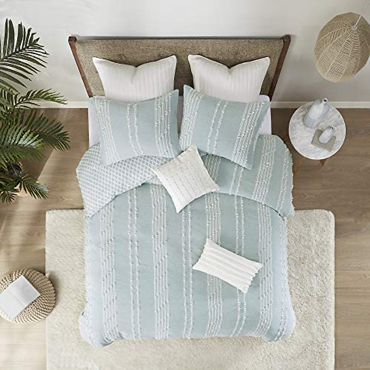 INK+IVY Kara 100% Cotton Duvet Mid Century Modern Design, All Season Comforter Cover Bedding Set, Matching Shams, King/Cal King, Jacquard Stripes Aqua 3 Piece