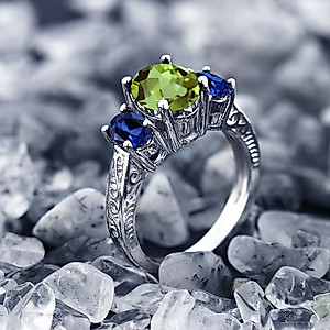 Gem Stone King 925 Sterling Silver Green Peridot and Blue Created Sapphire 3 Stone Ring For Women (2.71 Cttw, Gemstone Birthstone, Available In Size 5, 6, 7, 8, 9)
