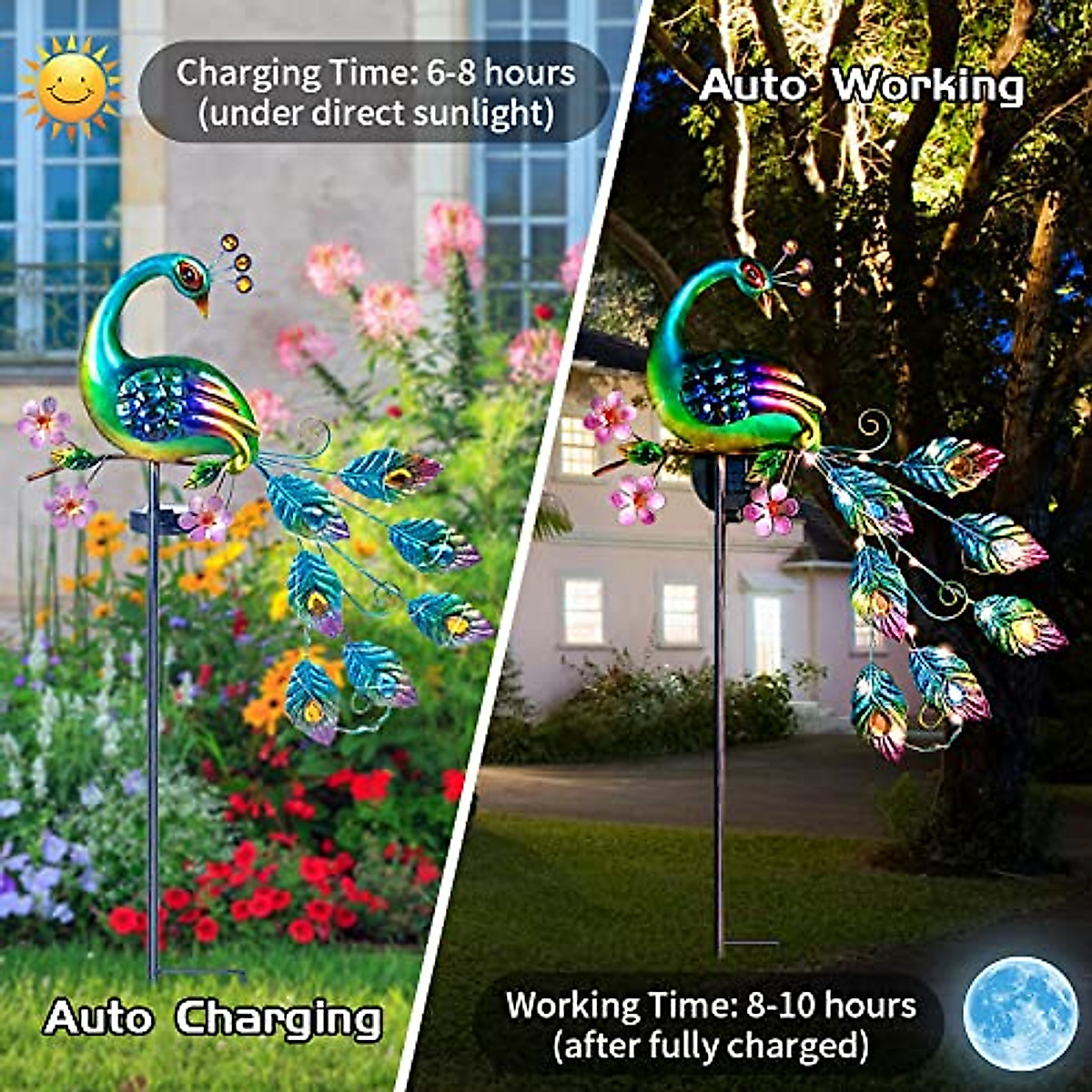 DREAMSOUL Pathway Lights Solar Powered, Metal Peacock Garden Decor - Waterproof Peacock Solar Walkway Lights for Outdoor Yard Lawn Driveway Decorations