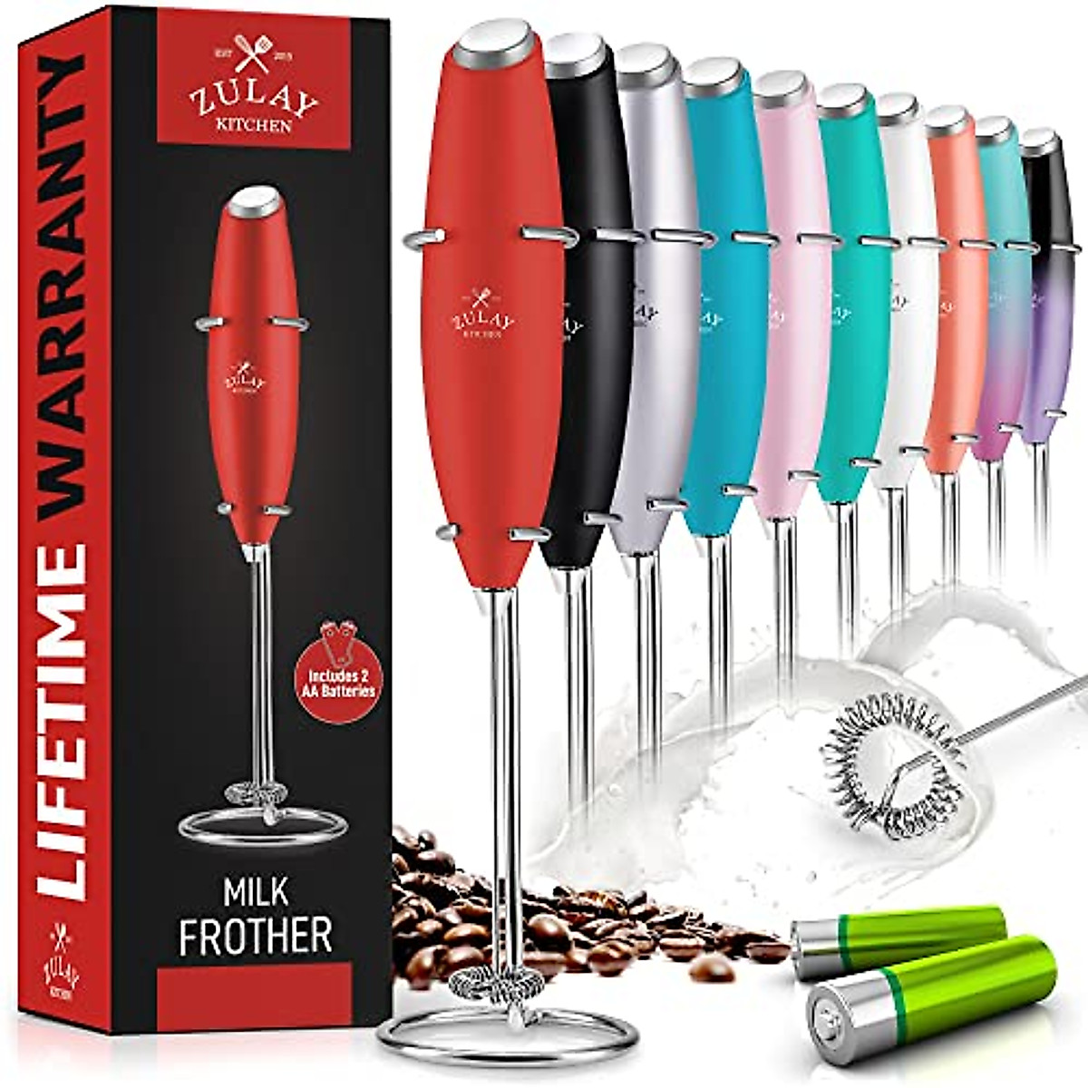Zulay Powerful Milk Frother Handheld Foam Maker for Lattes - Whisk Drink Mixer for Coffee, Mini Foamer for Cappuccino, Frappe, Matcha, Hot Chocolate by Milk Boss (Cardinal Red)