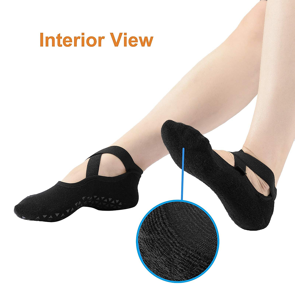 Pauboland Women's 6-Pack Black Padded Cushion Non-Slip Piyo Barre Pilate Ballet Yoga Socks with Grips, Size 4-9