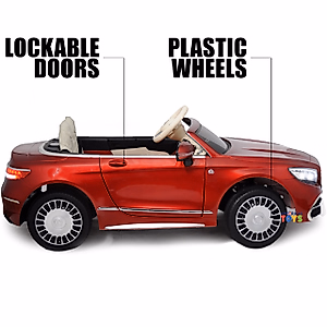 Americas Toys Kids Car with Mp4 Touchscreen, Bluetooth, Remote Control, Leather Beige Seat – Electric Car One Seater with Open Doors, 5 points Safety Belt, Compatible with Mercedes Maybach Painted Red