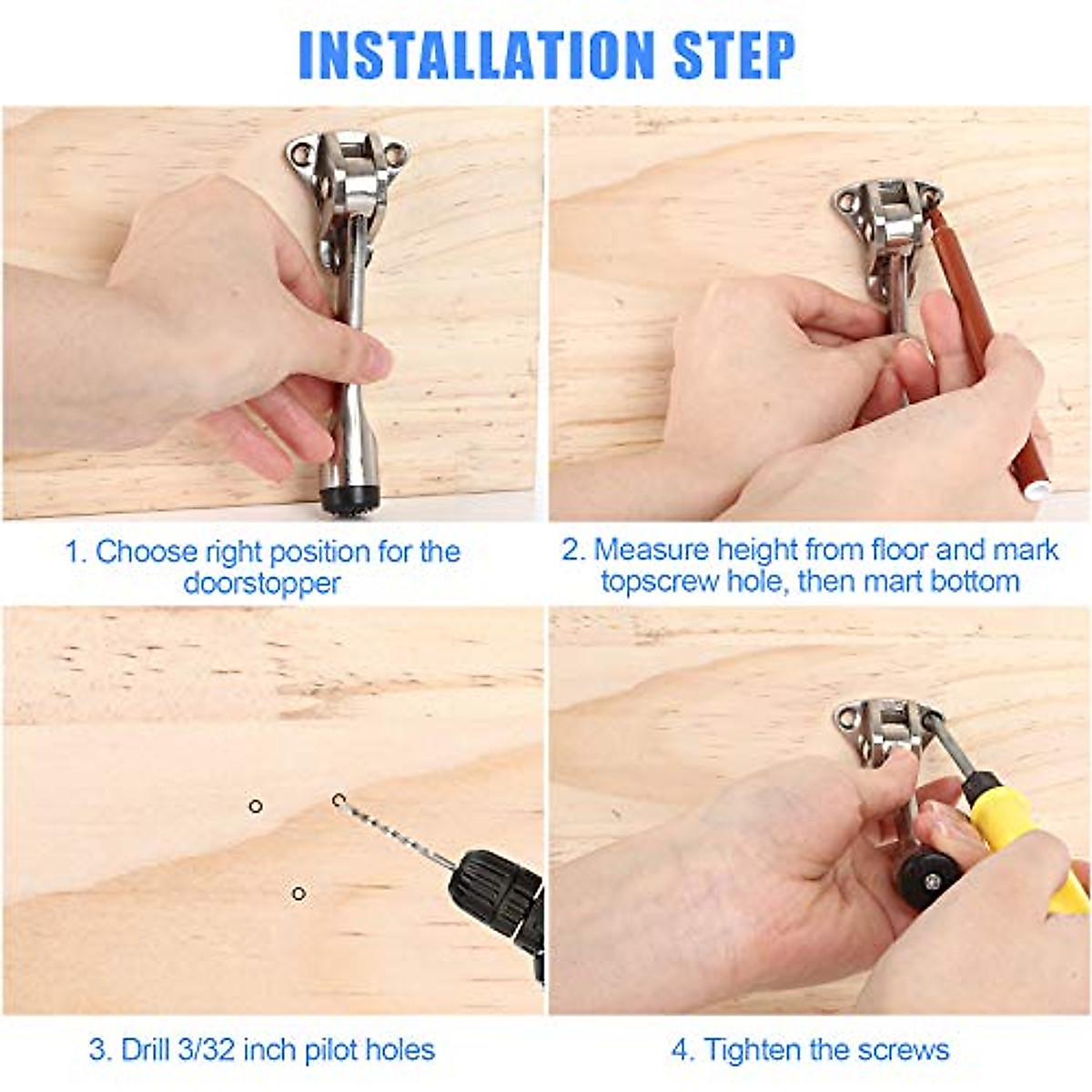 4 Pack Kickdown Door Stop, Heavy Duty Door Stopper with Rubber Tip and Spring Lever, Adjustable, Easy to Set Down and Release