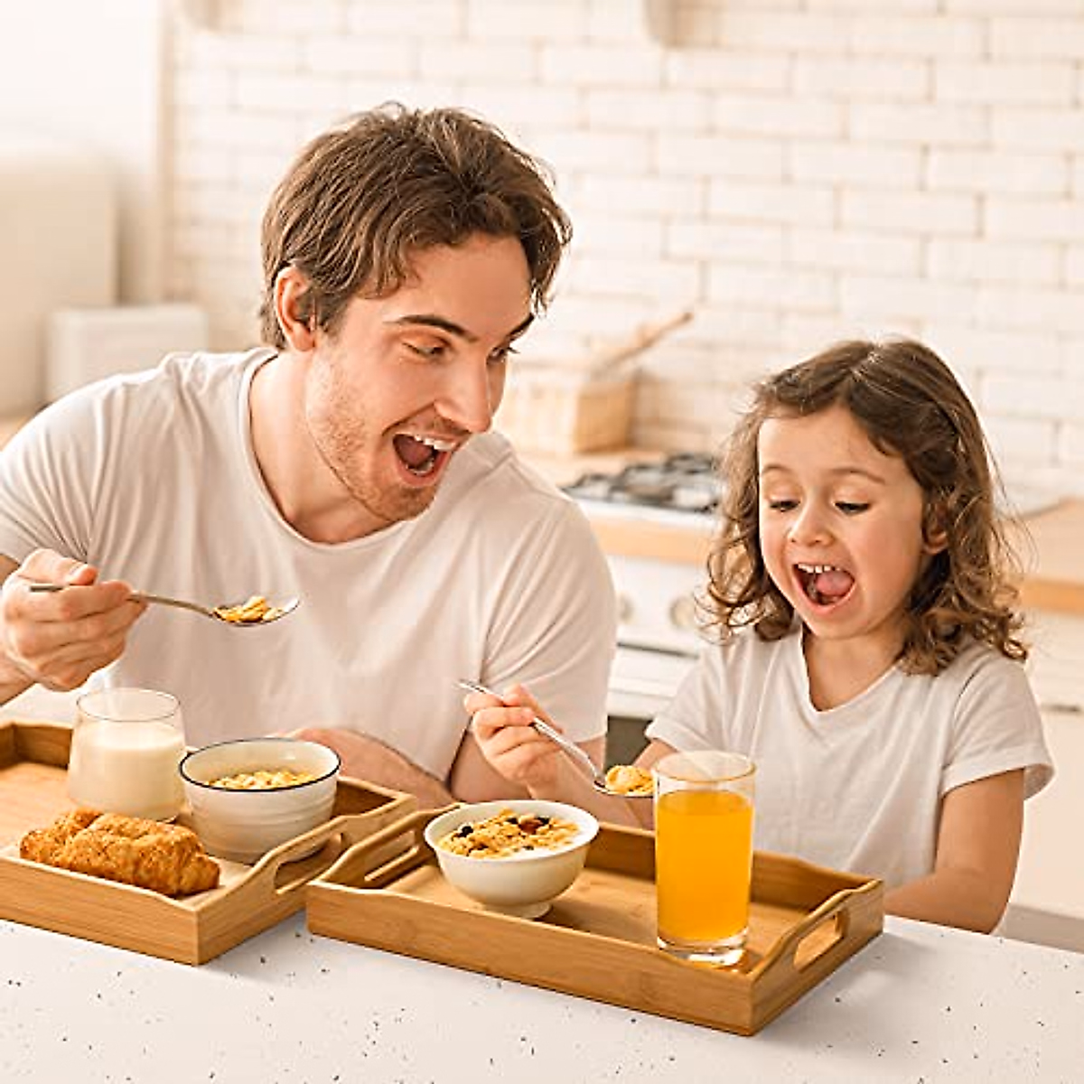 3 Pack Bamboo Serving Tray Food Tray with Handles, Multi-Use Platter Trays Set for Food, Coffee, Breakfast, Tea, Snack, Wooden Decor Tray Used in Kitchen, Dining Room, Party, Restaurants by Pipishell