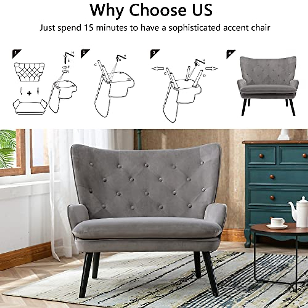 Dolonm Accent Chair Velvet Small Loveseat Tufted Button Wingback Armchair Modern Mid Century Settee Loveseat with Solid Wood Legs for Living Room Bedroom Reading Waiting Room (Silver)