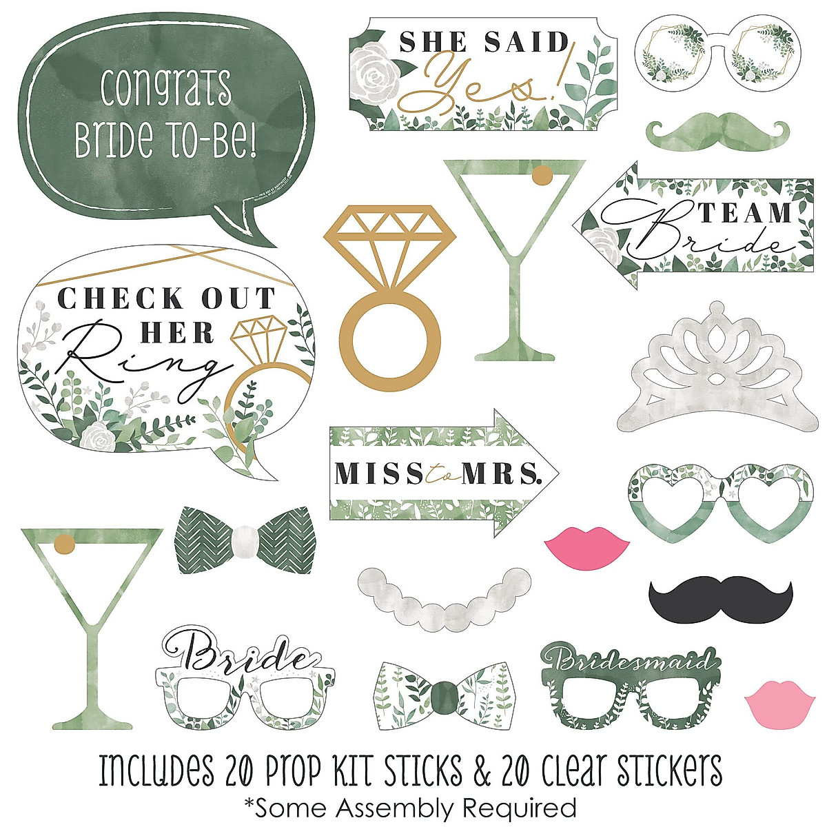 Big Dot of Happiness Boho Botanical Bride - Greenery Bridal Shower and Wedding Party Photo Booth Props Kit - 20 Count